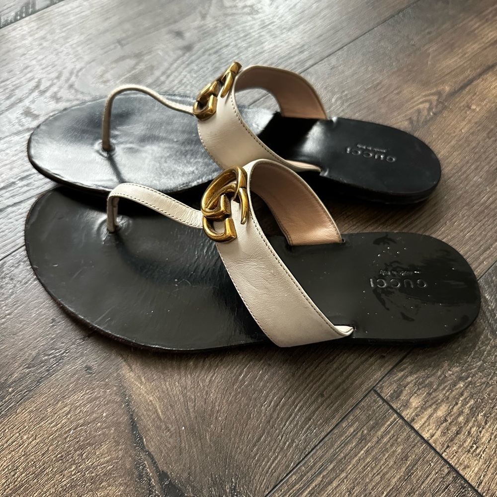 Authentic Gucci Flat Marmont Leather Thong Beige Clas… - Gem